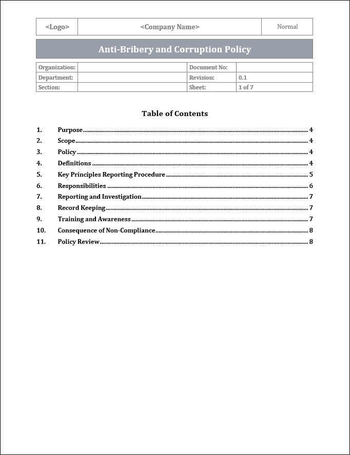 Anti-Bribery and Corruption Policy Template – ITSM Docs - ITSM ...