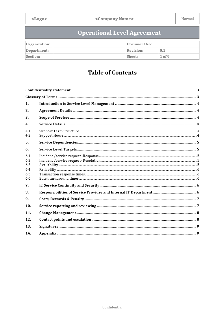 Operational Level Agreement Template Itil