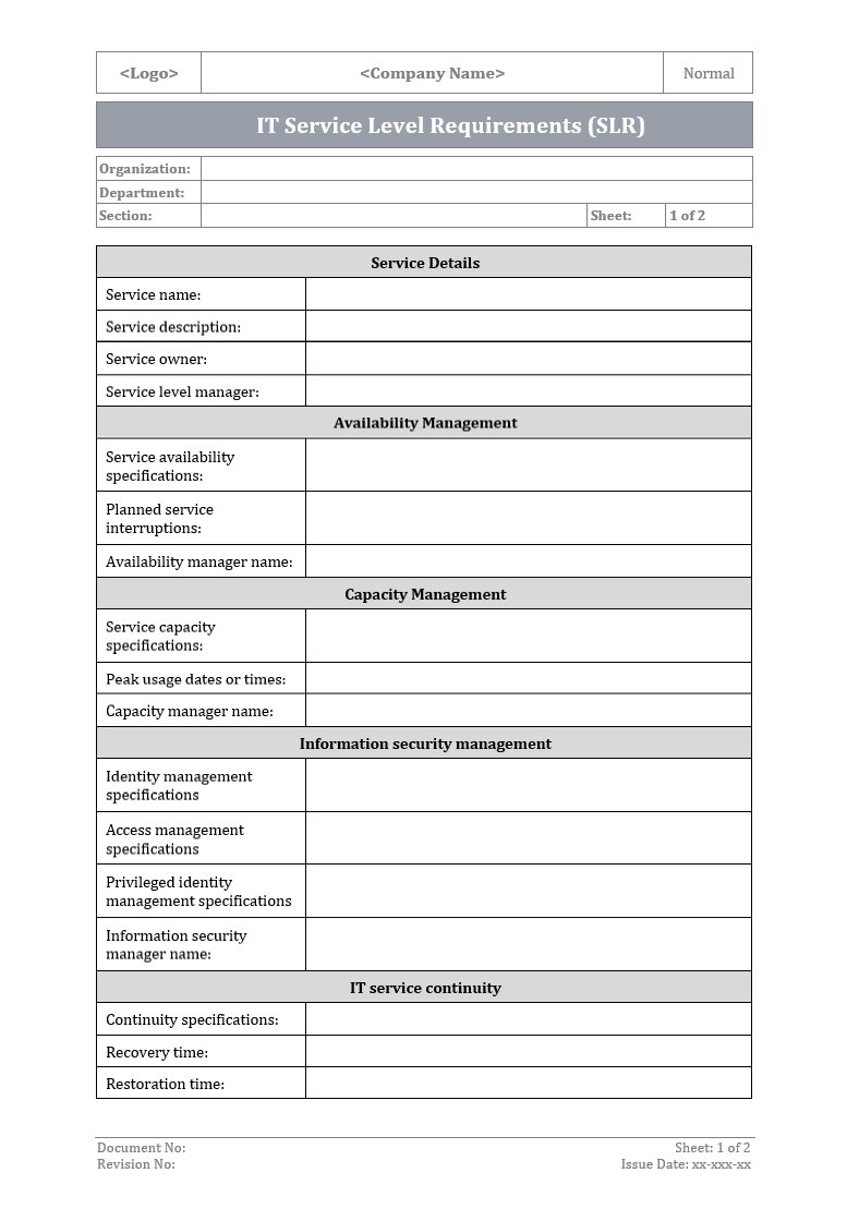 IT Service Level Requirements (SLR) – ITSM Docs - ITSM Documents ...